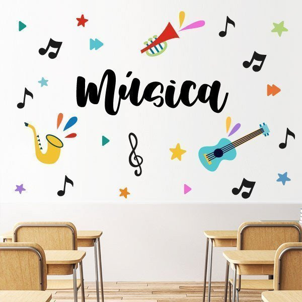 Vinilo decorativo con la palabra Música + notas musicales