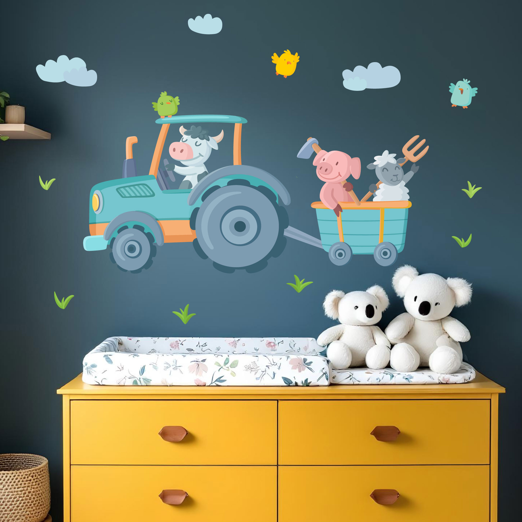 Vinilo infantil Tractor con animales | Decoración granja